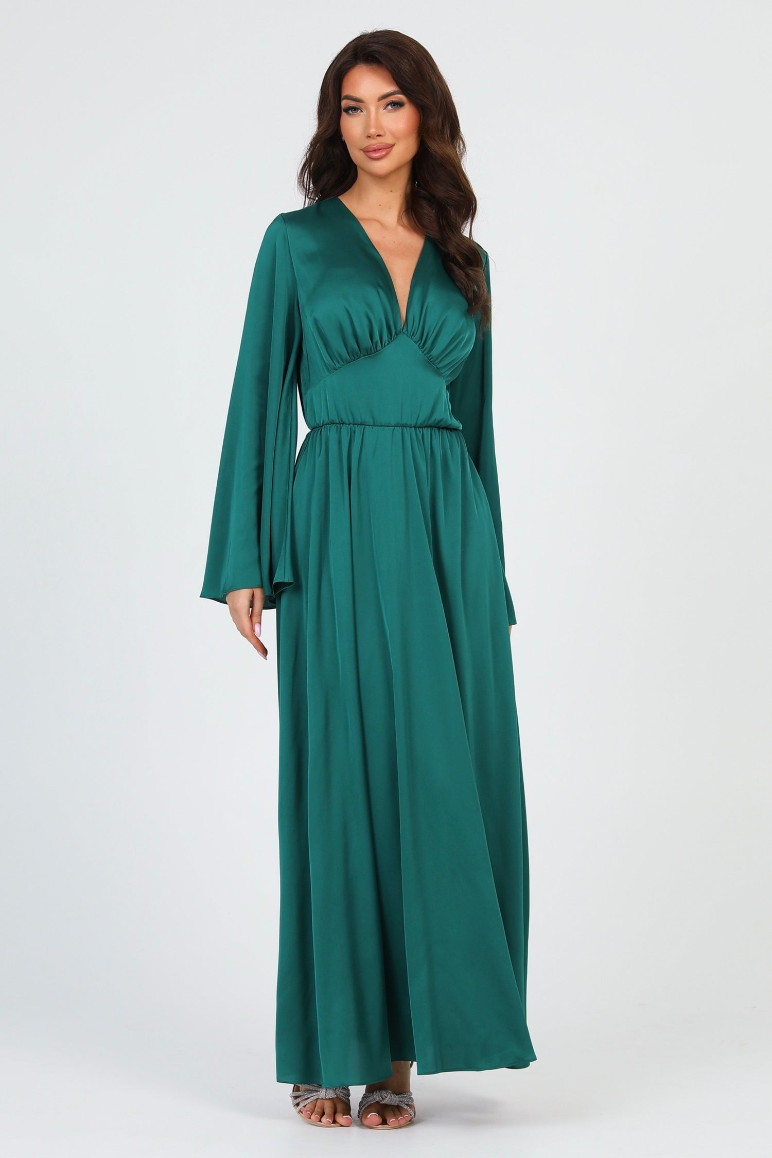Emerald Green Silk Satin Dress V Neckline – Désir Couture