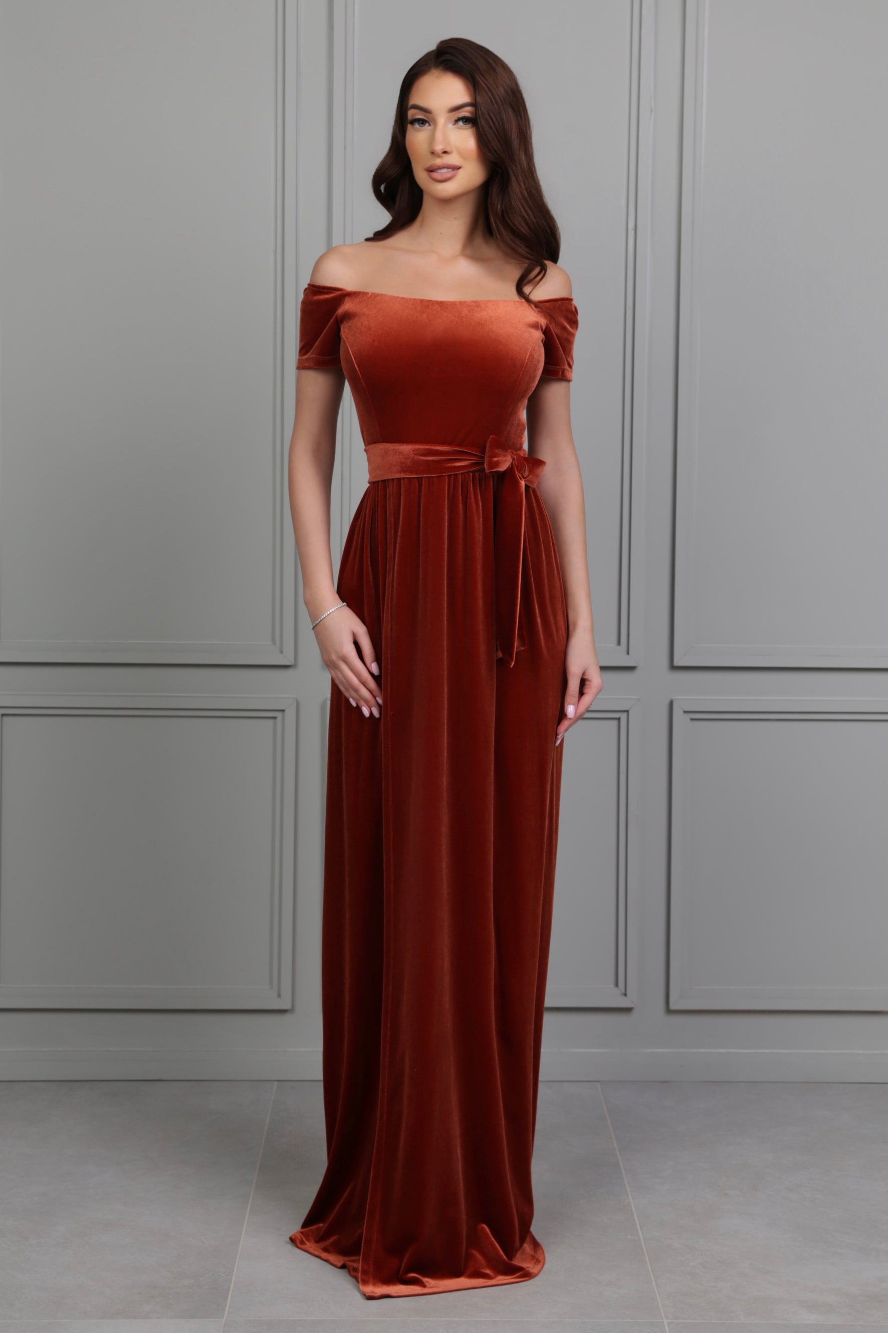 Rusty Burnt Orange Velvet Dress - Off The Shoulder Dress - Gown – Désir ...